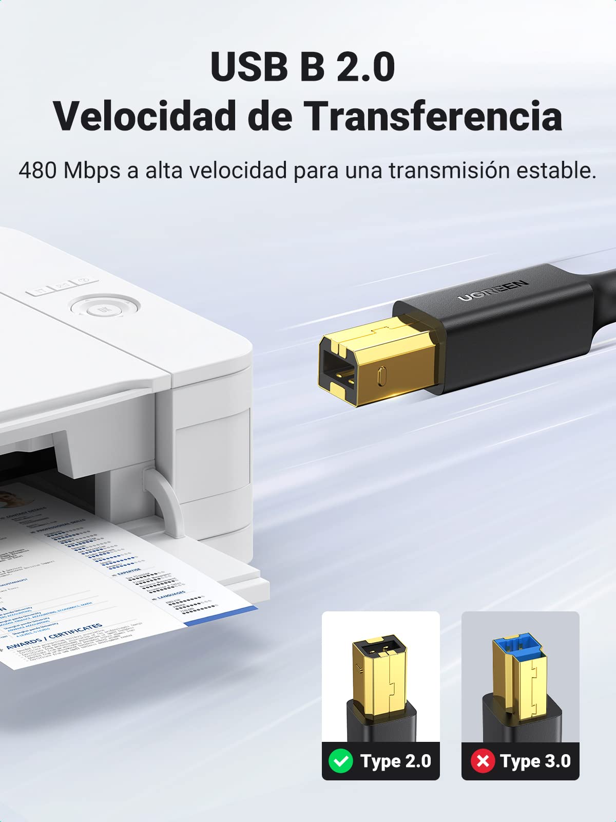 UGREEN Cable Impresora USB 2.0 Tipo A a Tipo B Cable USB B a USB A par ...
