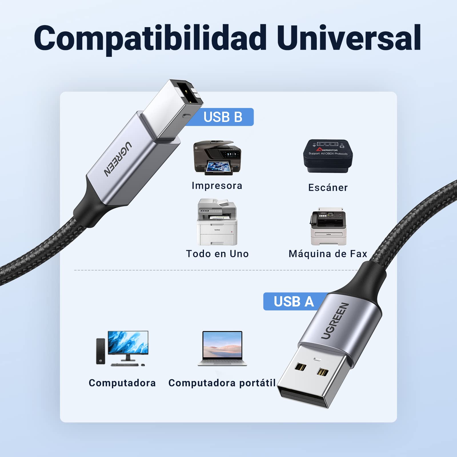 UGREEN Cable Impresora USB 2.0 Tipo A a Tipo B de Aluminio Nylon Cable ...
