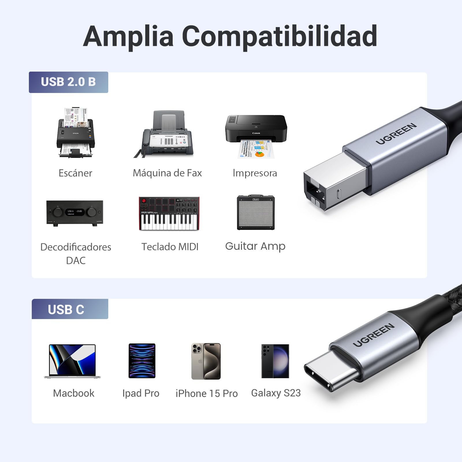 UGREEN Cable USB C a USB Tipo B 2.0 Compatible con MacBook Pro, DELL ...