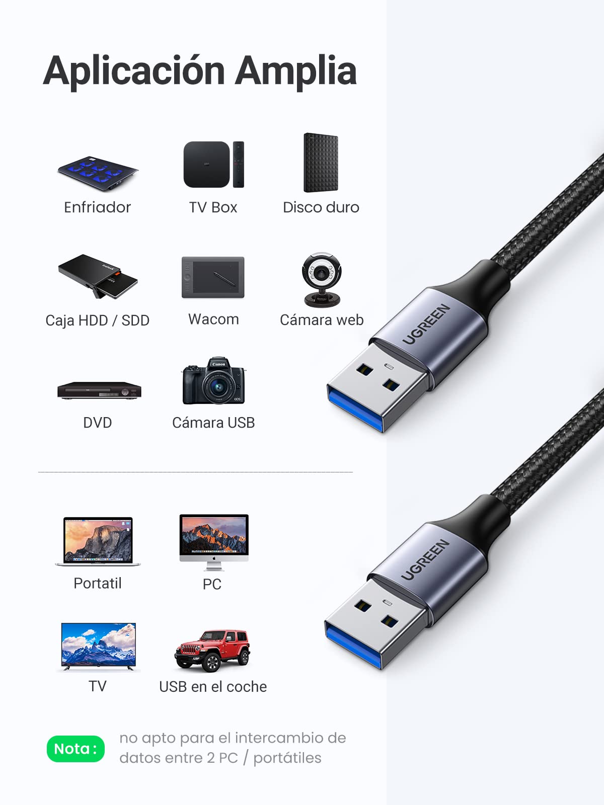 UGREEN Cable USB, Cable USB 3.0 Tipo A a Tipo A Macho a Macho Conexión ...